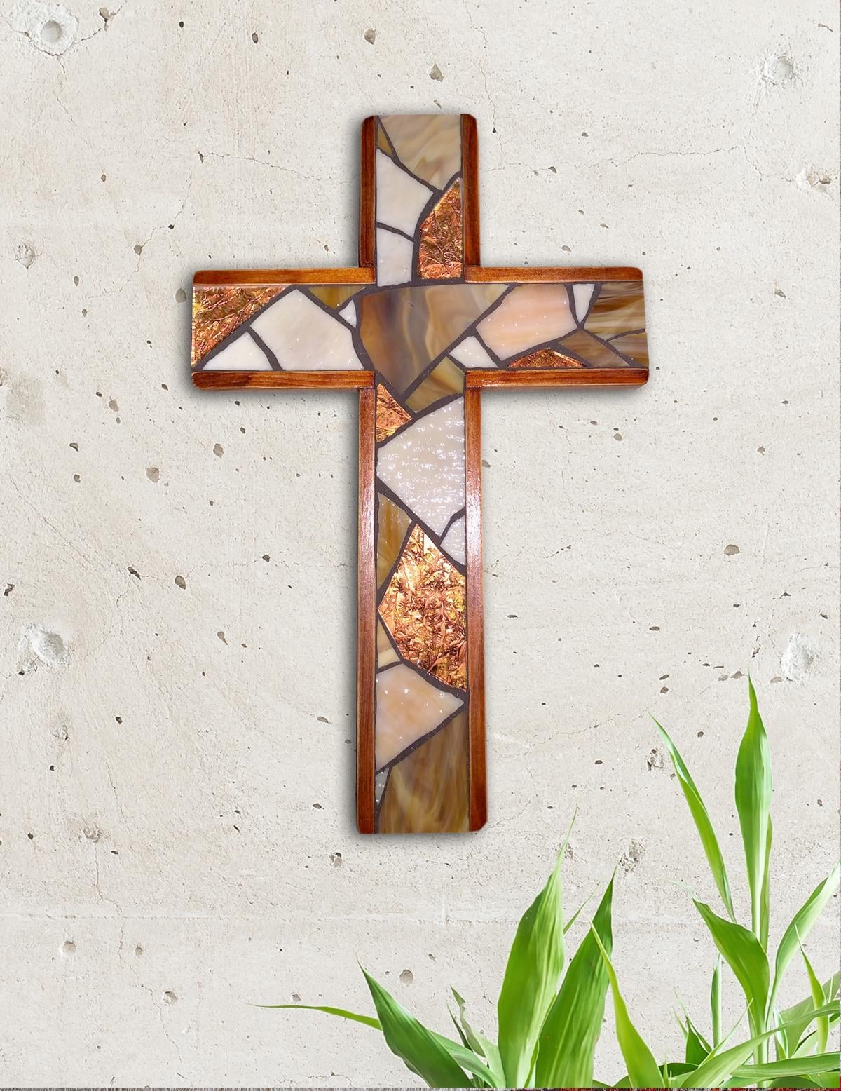 Rustic Wooden Cross With Copper Brown Stained Glass Mosaic - Delphi ...